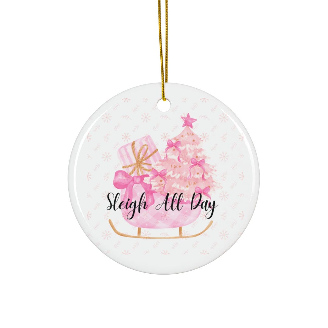 Pink Sleigh With Christmas Tree Ceramic Ornament | Round Holiday ...