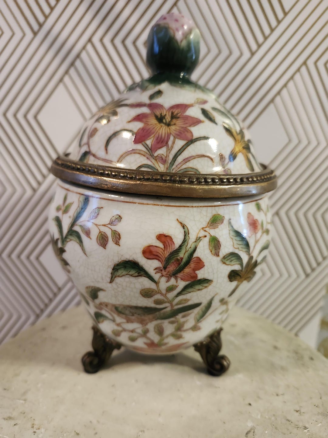 Vintage Ceramic Chinese Floral Trinket Ginger Jar Lidded With Feet Hua ...