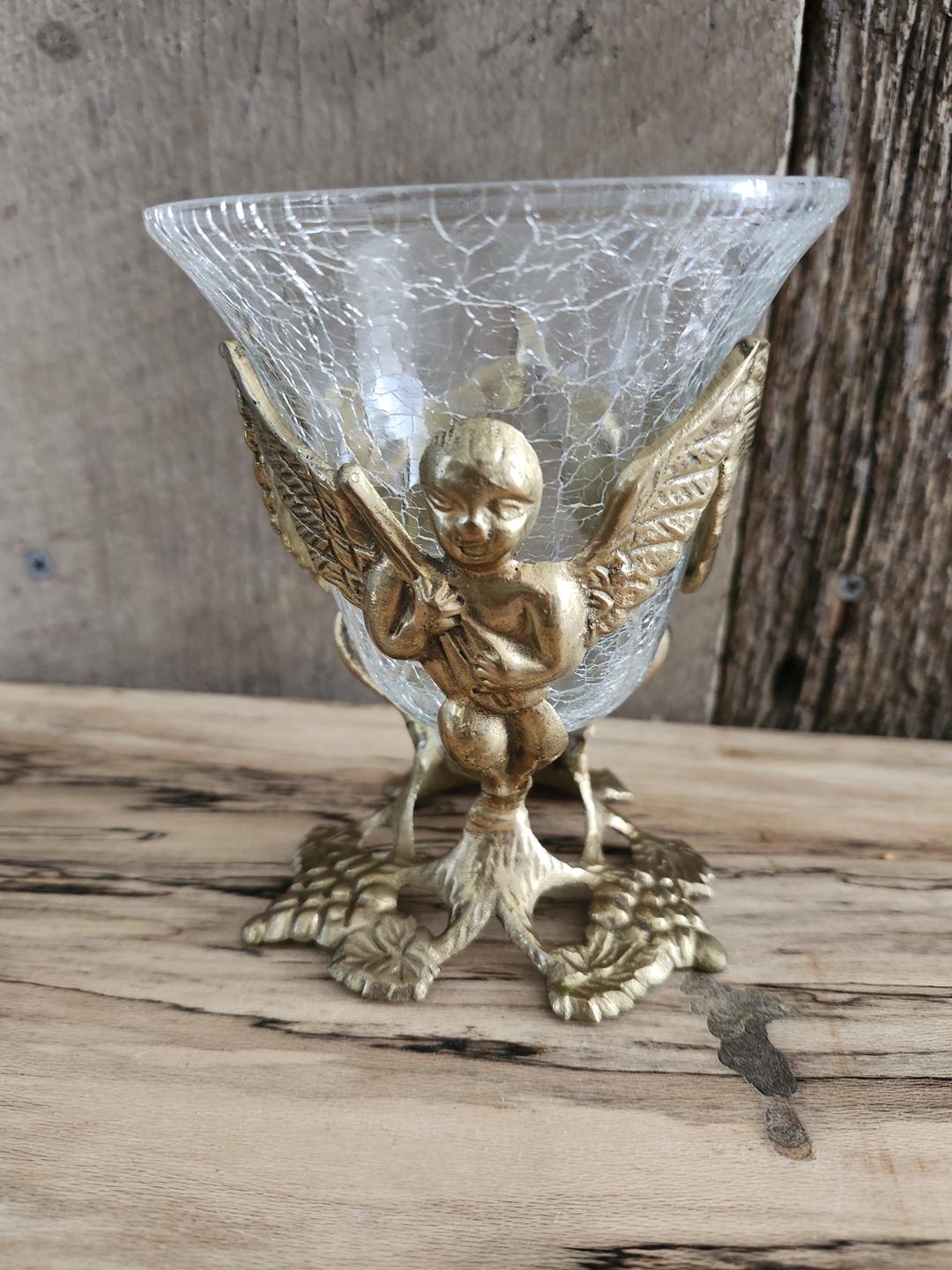 Vintage Brass Cherub Crackle Glass Decor - Etsy