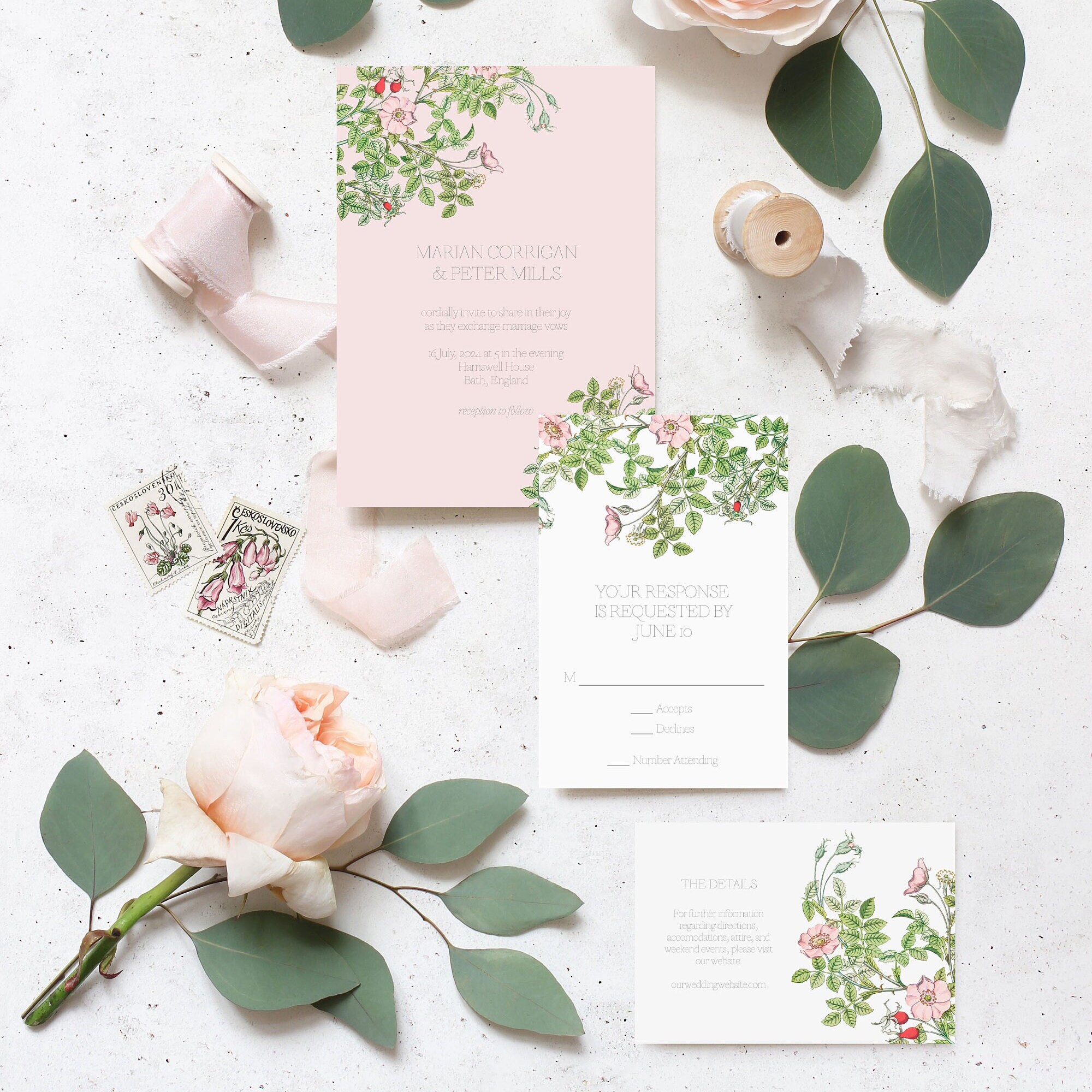 MARIAN - Floral Rose Wedding Invitation Suite Template, Elegant Wedding ...