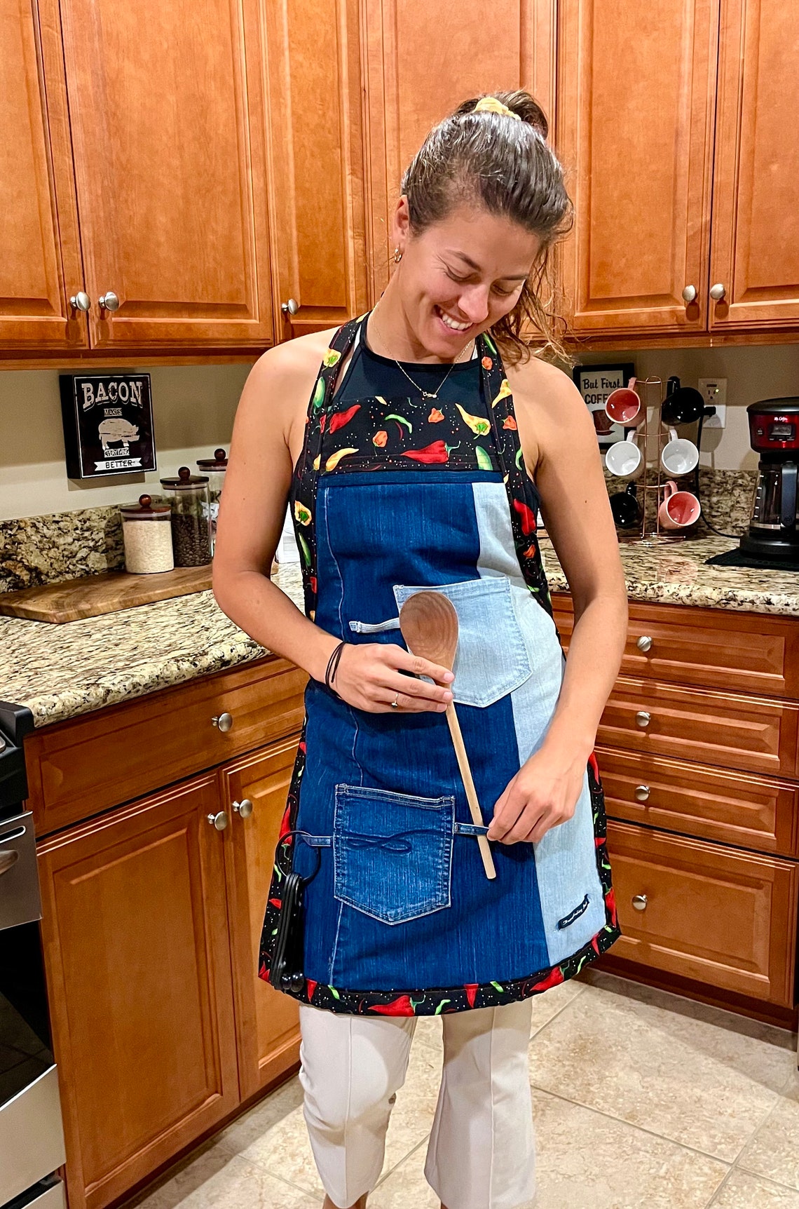 Best Seller* Women's Denim Kitchen Apron With Pepper Fabric, Recycled ...