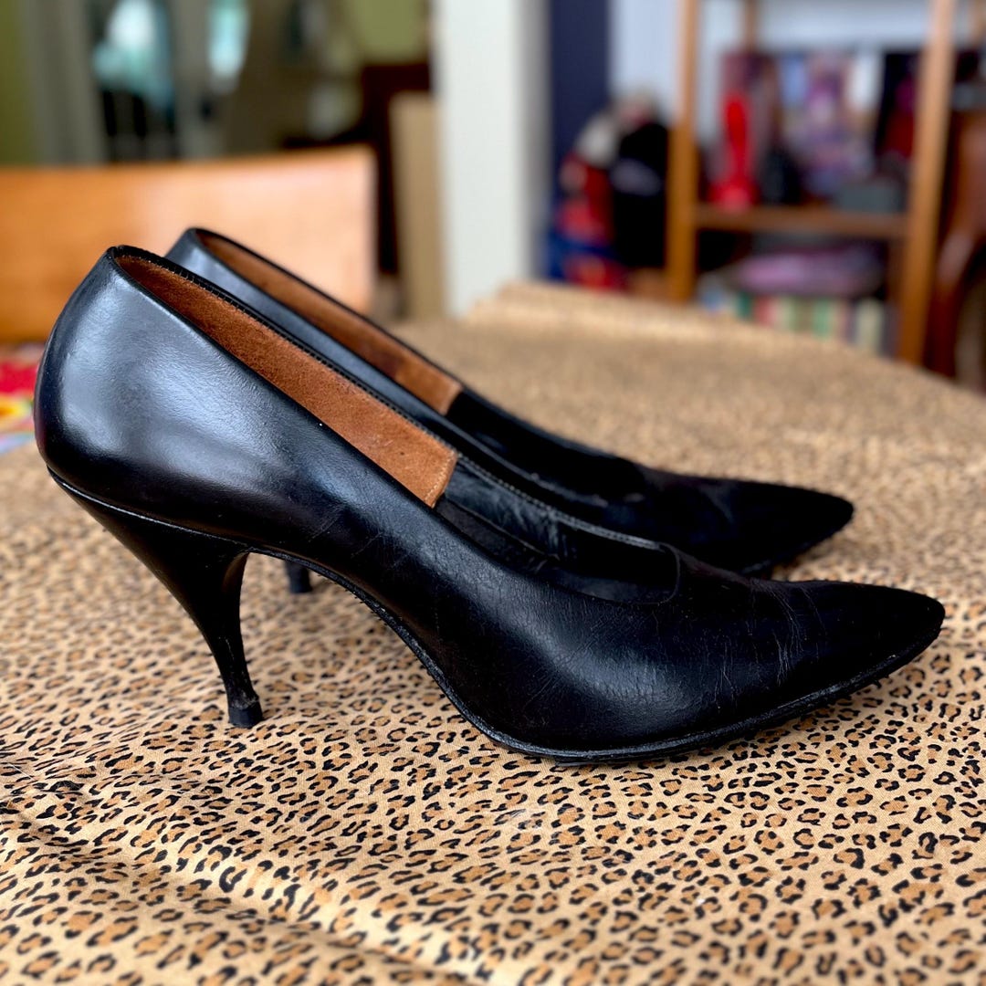 Black Leather 1950s Stiletto High Heels - Etsy