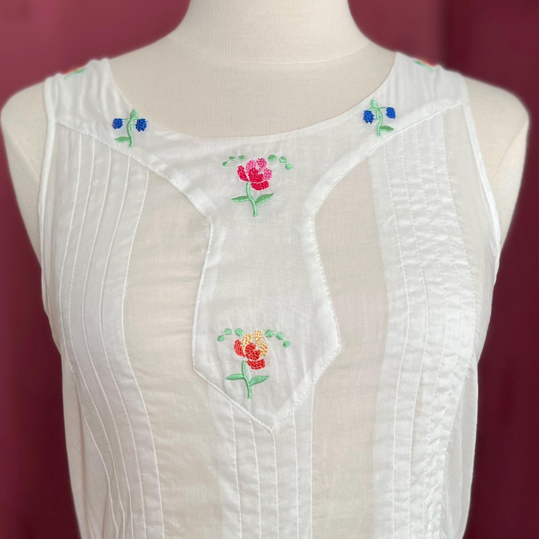 Sheer White Cotton Flapper Dress With Navy Trim and Embroidered Flowers ...