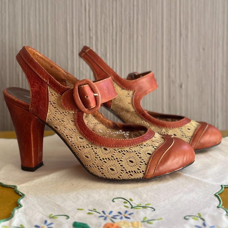 30s Style Spectator High Heels in Brown and Tan With Lace Mesh by Remix ...