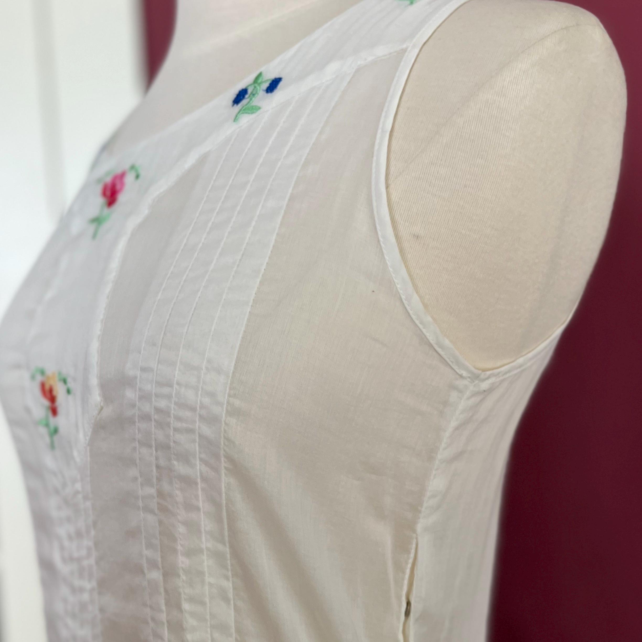 Sheer White Cotton Flapper Dress With Navy Trim and Embroidered Flowers ...