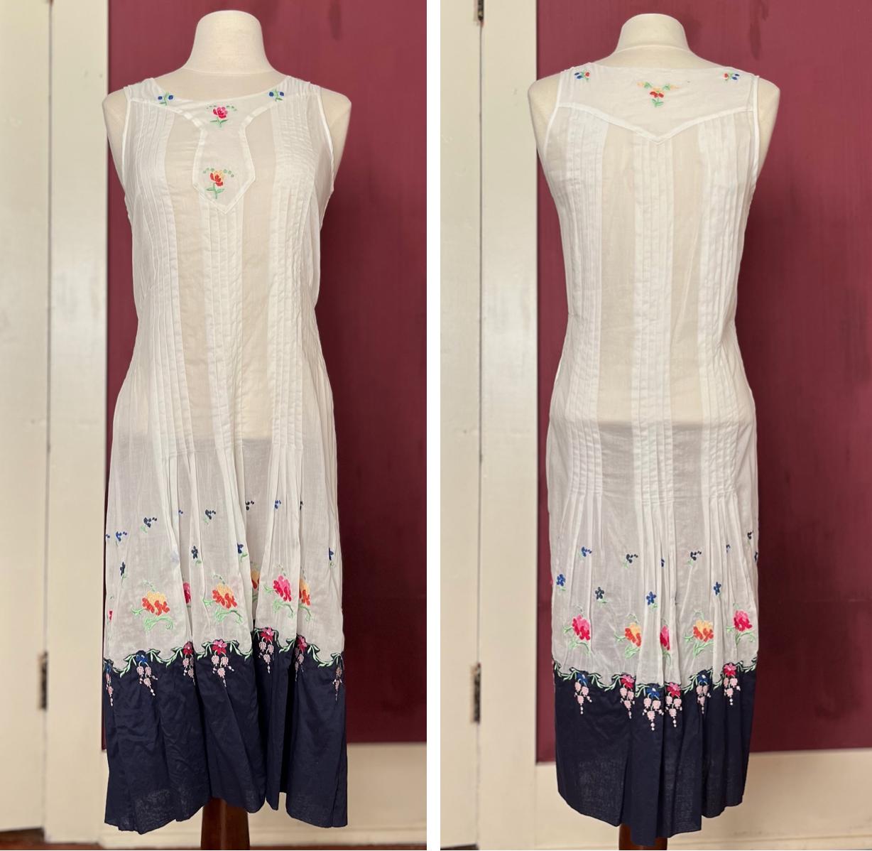 Sheer White Cotton Flapper Dress With Navy Trim and Embroidered Flowers ...