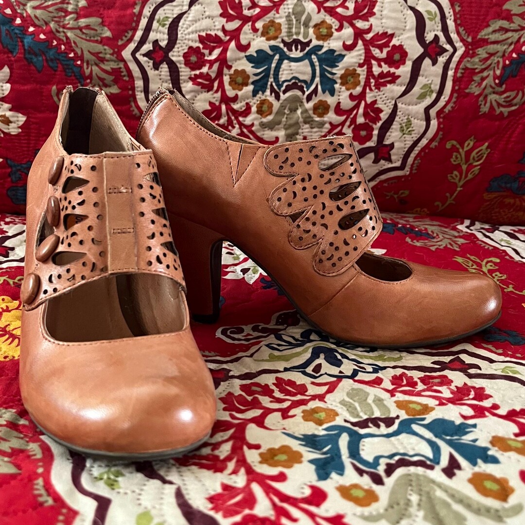 30s Style Tan Button Bootie High Heels With Cutouts - Etsy