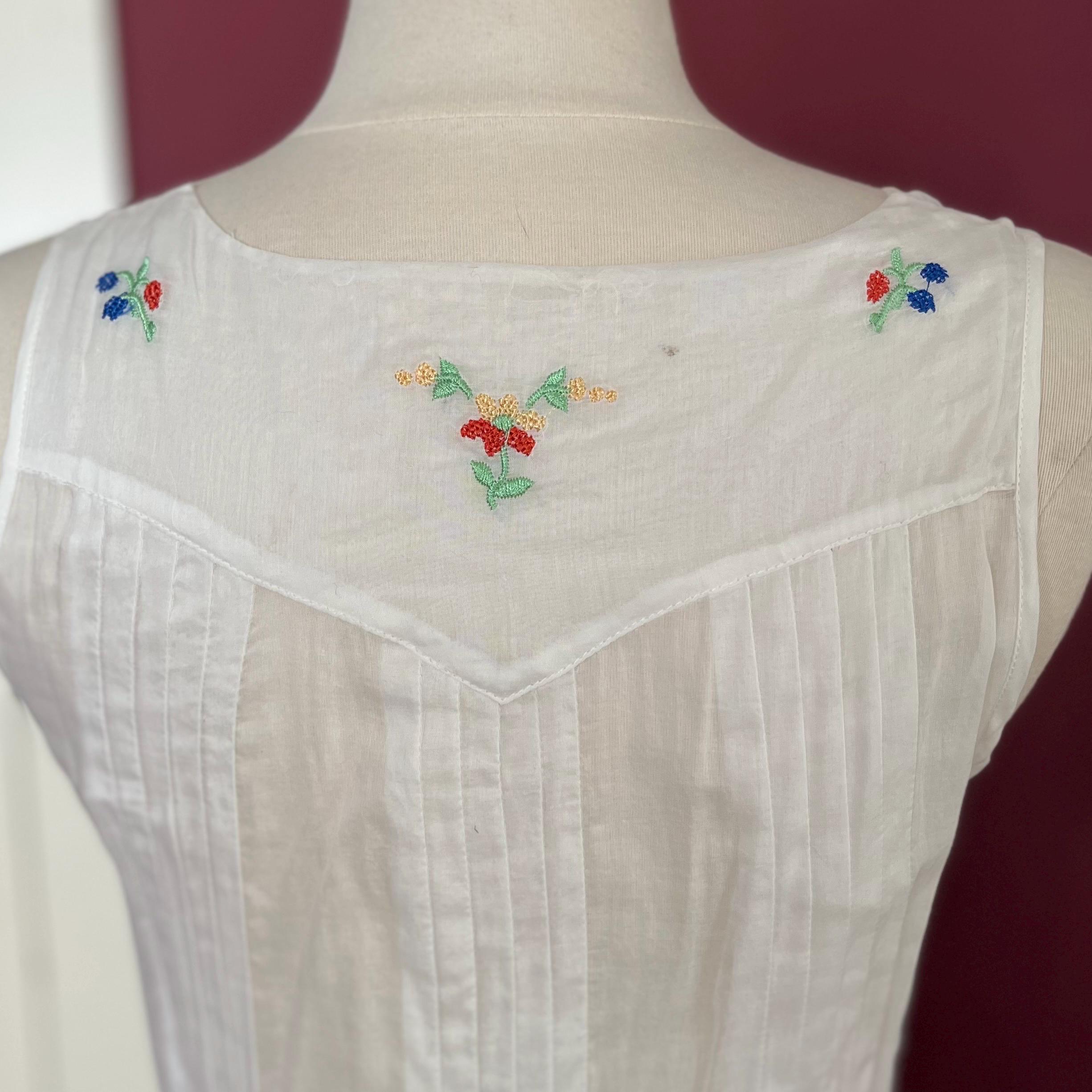 Sheer White Cotton Flapper Dress With Navy Trim and Embroidered Flowers ...