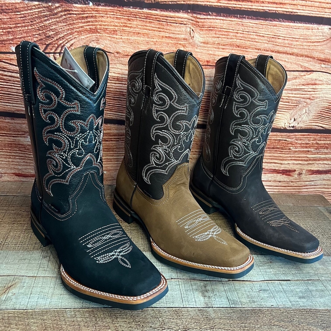 MEN WESTERN Square Toe Rodeo Cowboy Boots Genuine Leather Botas ...
