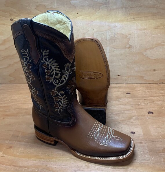 WOMENS COWGIRL Rustic 2-tone Brown Square Toe Leather BOOTS | Etsy