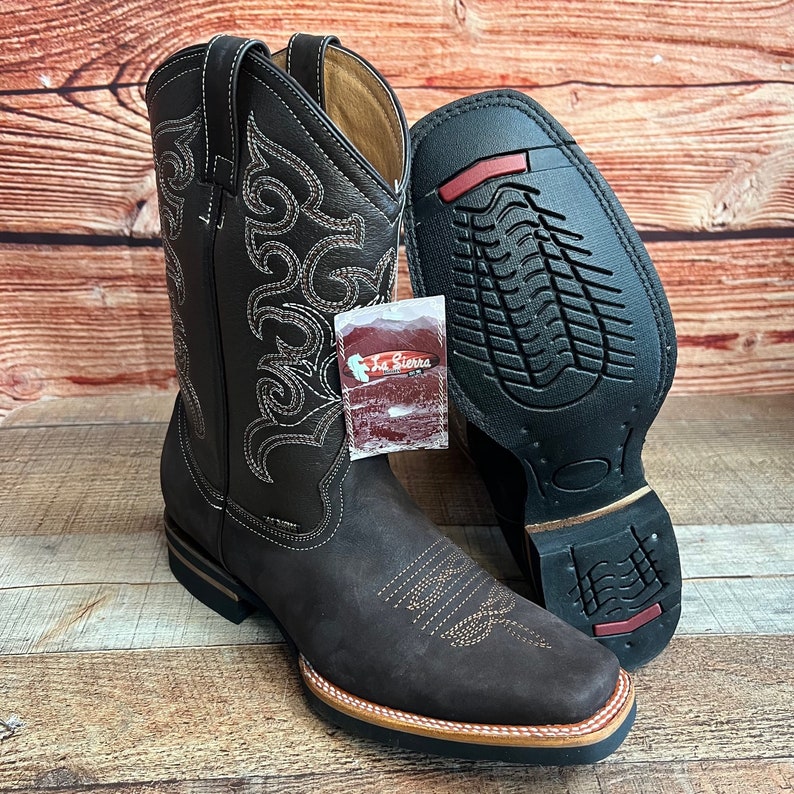 MEN WESTERN Square Toe Rodeo Cowboy Boots Genuine Leather Botas ...