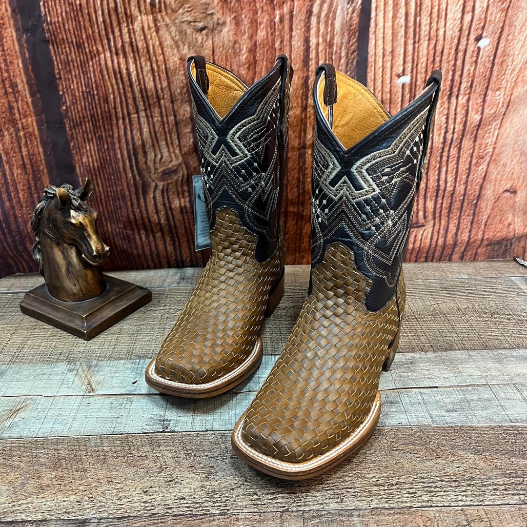Men Western Cowboy Square Toe Woven Braided Leather Boots Bota Vaquera ...