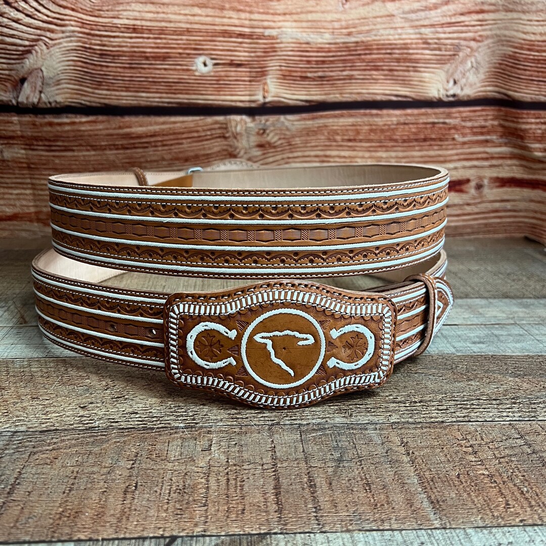 Men Charro Western Cowboy Leather Pita Belt HANDTOOLD 2INCH Cinto De ...
