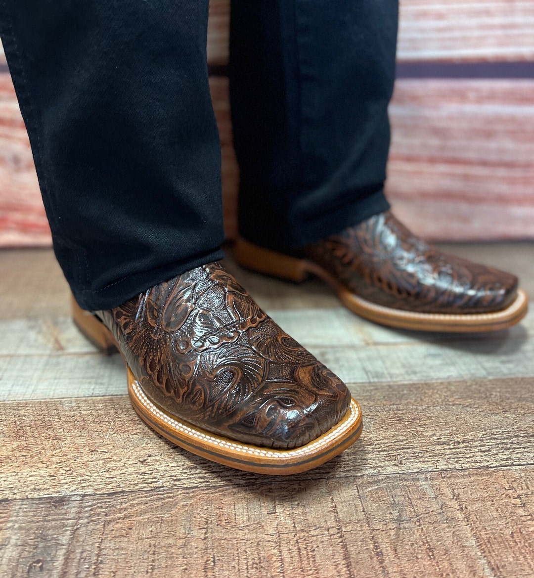 Men Cowboy Western Hand Tooled Square Toe Boot Bota Vaquera Estilo ...