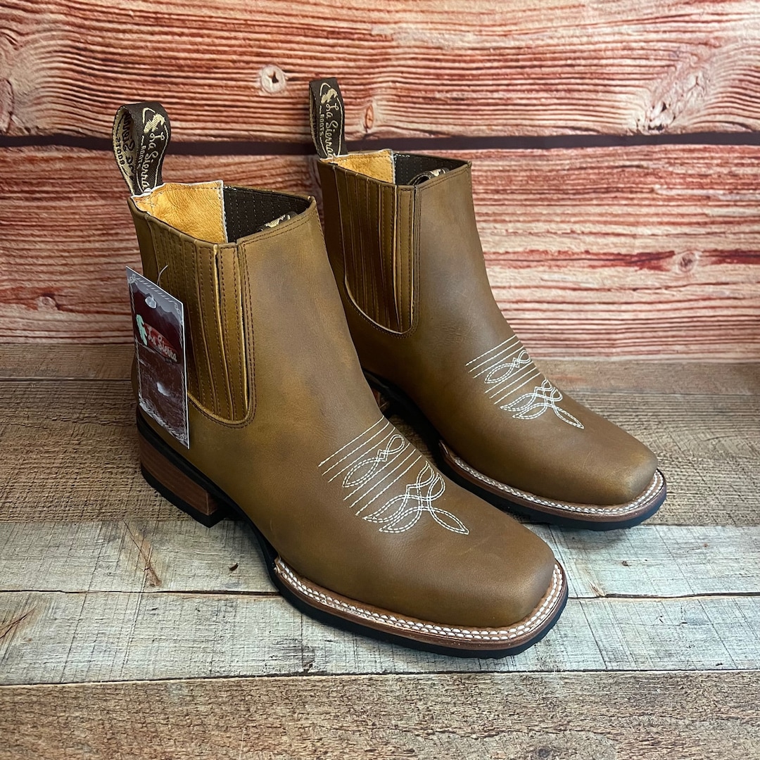 MENS Light Brown Western Cowboy Chelsea LEATHER COWBOY Rodeo Square Toe ...