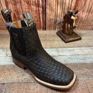 MENS LEATHER COWBOY Western Hand Woven Braided Brown Black Square Toe ...