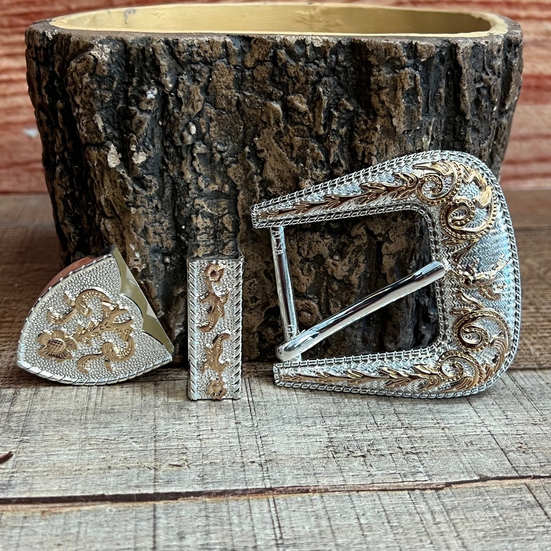 Western Cowboy Cowgirl Buckle SET / Hebillas Vaquera Silver and Gold ...
