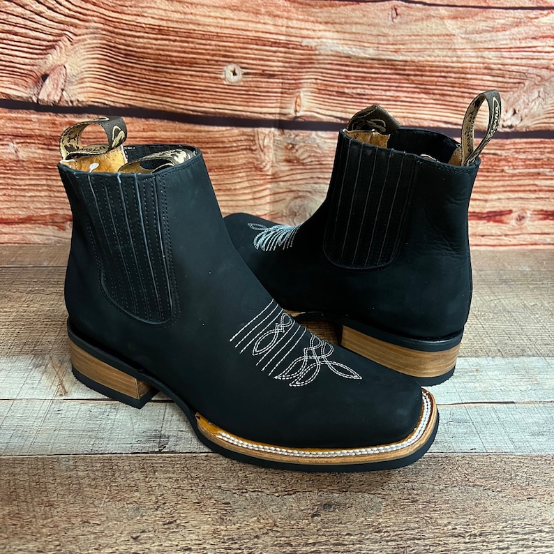 MENS Black Western Cowboy Chelsea LEATHER COWBOY Rodeo Square - Etsy