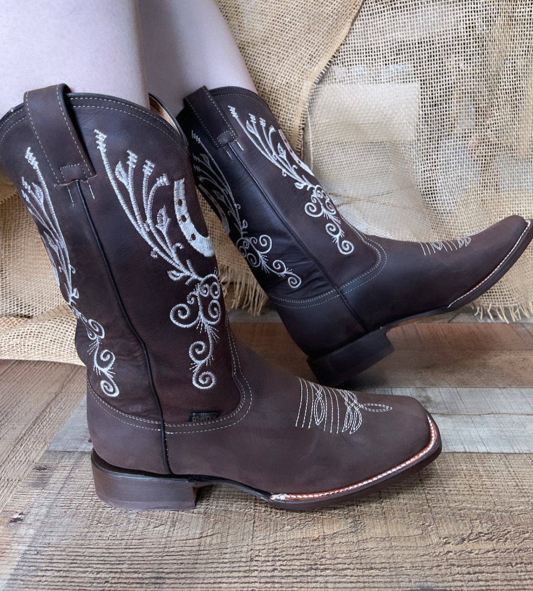WOMENS Western Rodeo COWGIRL Square Toe Leather Horse Shoe Embroidered ...