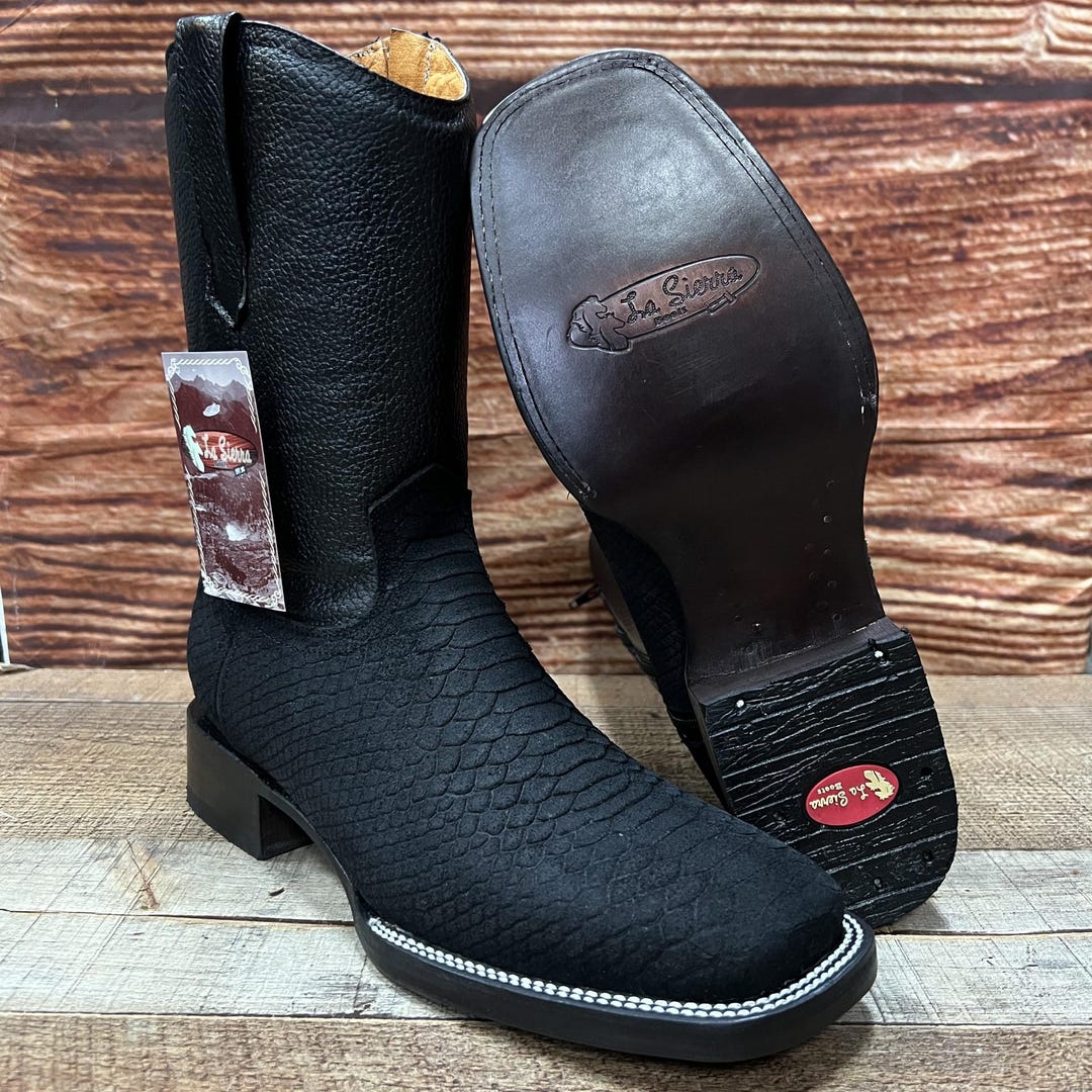 Men Western Cowboy Brown - Black Python Print Square Toe Boot With ...