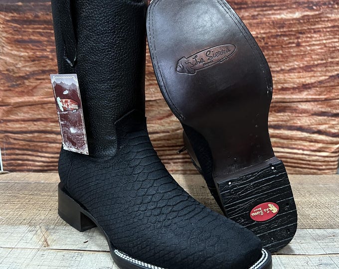 MENS COWBOY Boots Black Nubuck Snake Skin Square Toe Half Boots ...
