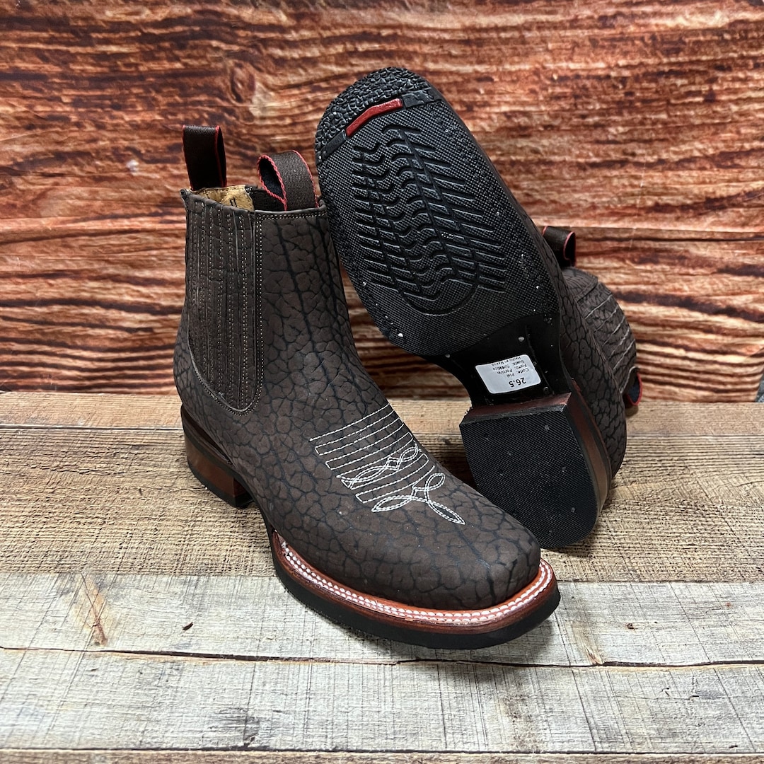 Mens Bullneck Leather Cowboy Boots: Square Toe Rodeo Ankle Botin ...