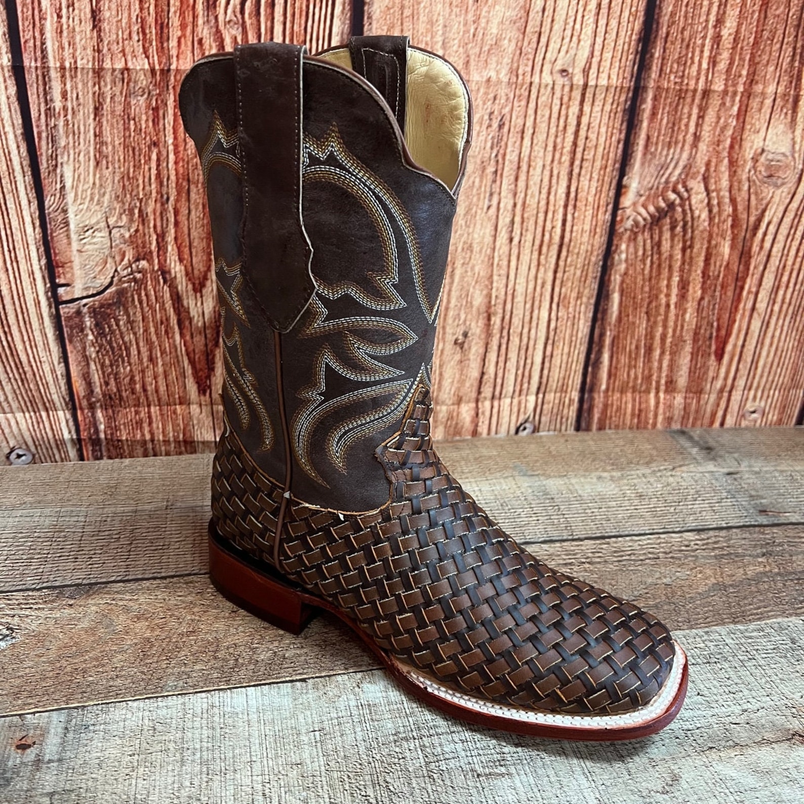 Men Western Cowboy Square Toe Woven Braided Leather Boots Bota - Etsy