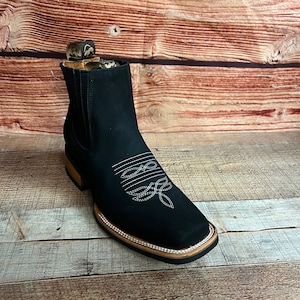 MENS Black Western Cowboy Chelsea LEATHER COWBOY Rodeo Square Toe Half ...