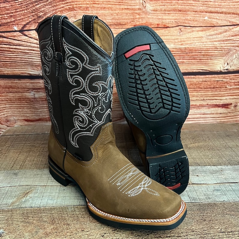 MEN WESTERN Square Toe Rodeo Cowboy Boots Genuine Leather Botas ...