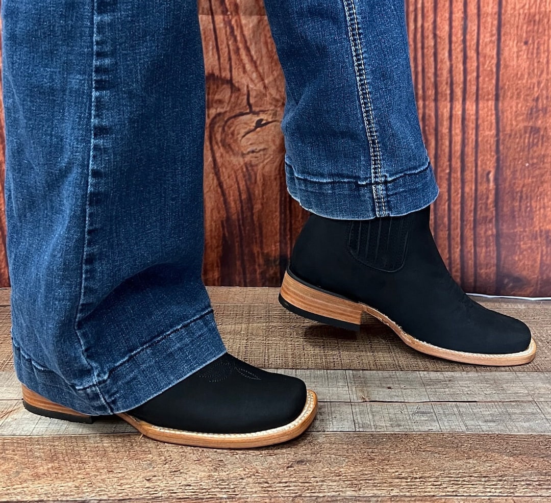 Women's WESTERN Cowgirl ANKLE Chelsea Black Square Toe Boots Booties ...