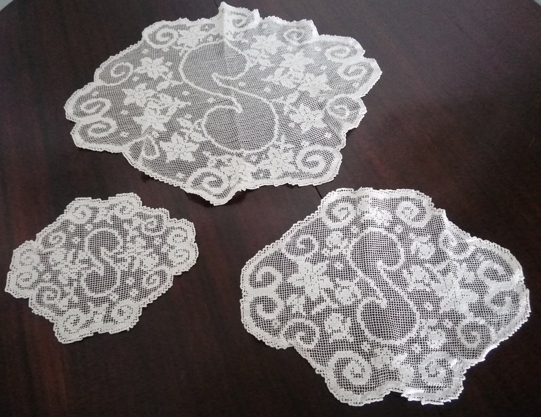 Set of 3 Handmade French Fillet Lace Doilies - Retro Lace Centerpieces ...