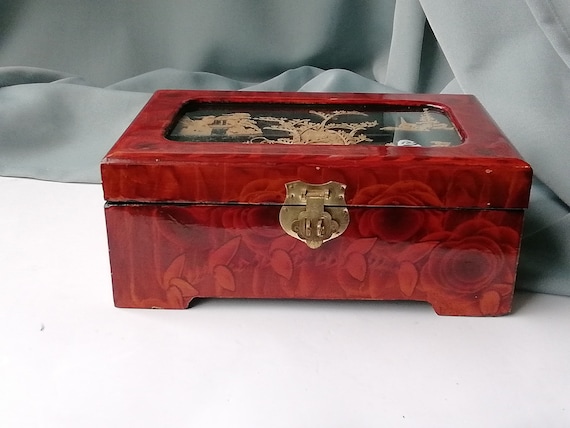 Vintage Chinese Lacquered Wood Jewelry Box with Carve… - Gem