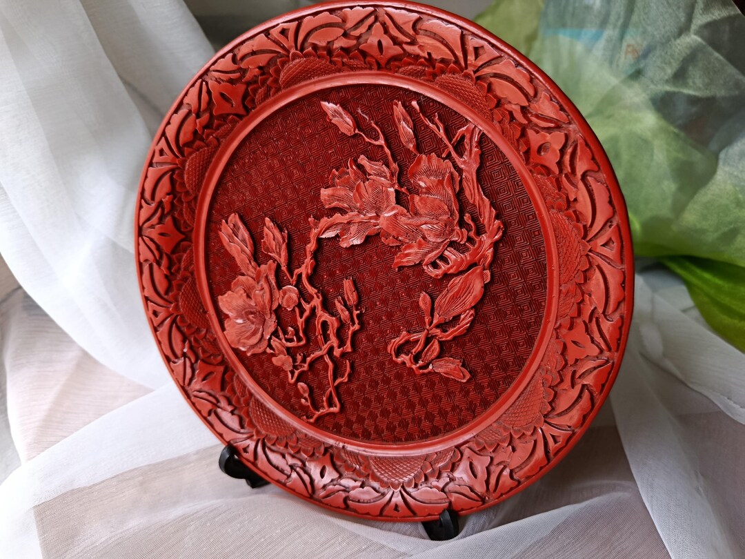 Antique Chinese Cinnabar Plate – Republic Era – Hand-carved Floral ...