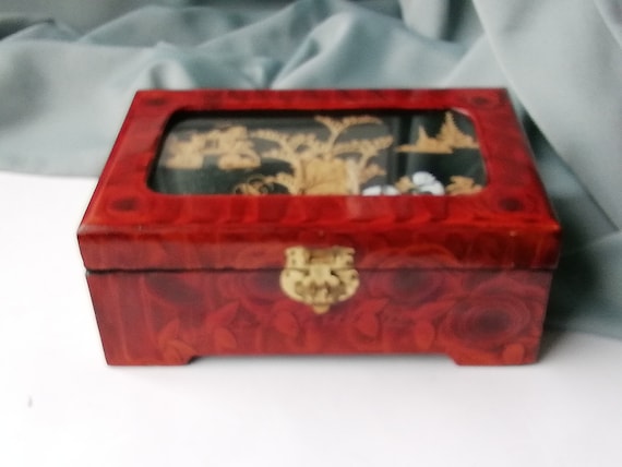 Vintage Chinese Lacquered Wood Jewelry Box with Carve… - Gem