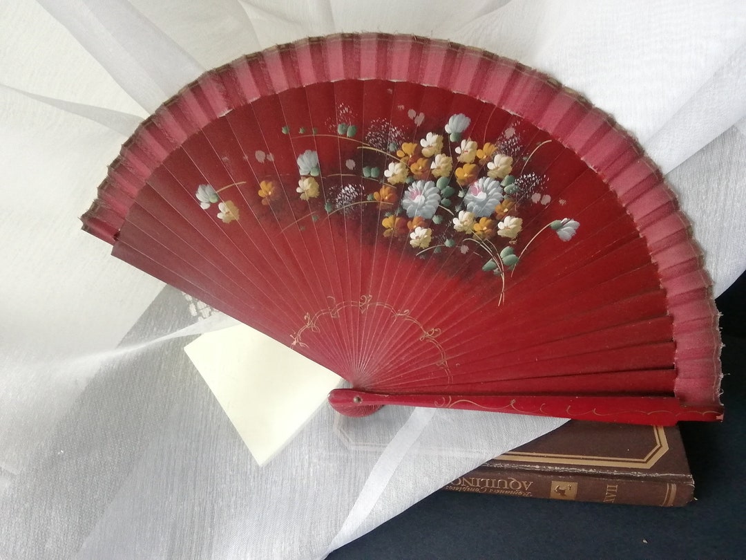 Vintage Japanese Hand Fan. Laquered Red Wood and Floral Hand Painted ...