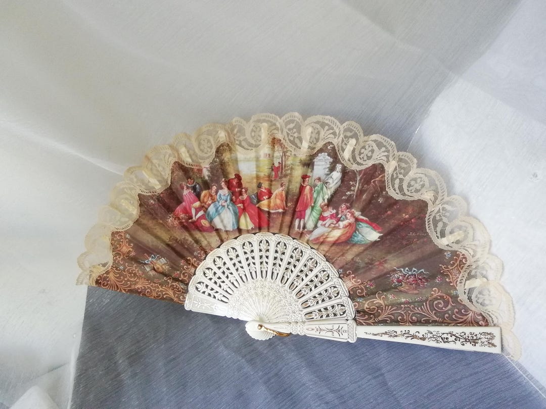 French Courtship Fan - Vintage 1980s Hand-painted French Fabric Fan ...
