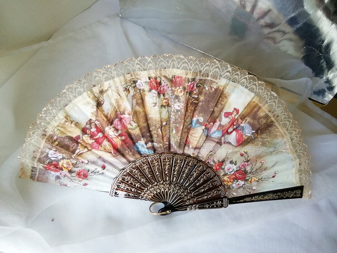 French Courtship Fan vintage 1980s Hand-painted French Fabric Fan ...