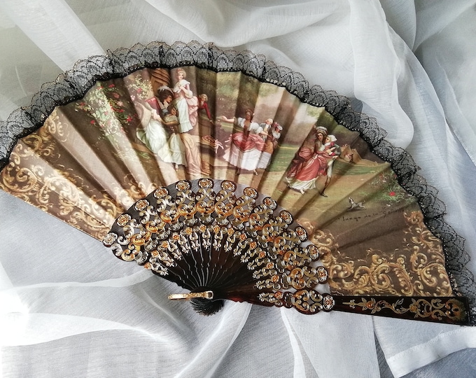 French Courtship Fan - Vintage 1980s Hand-painted French Fabric Fan ...