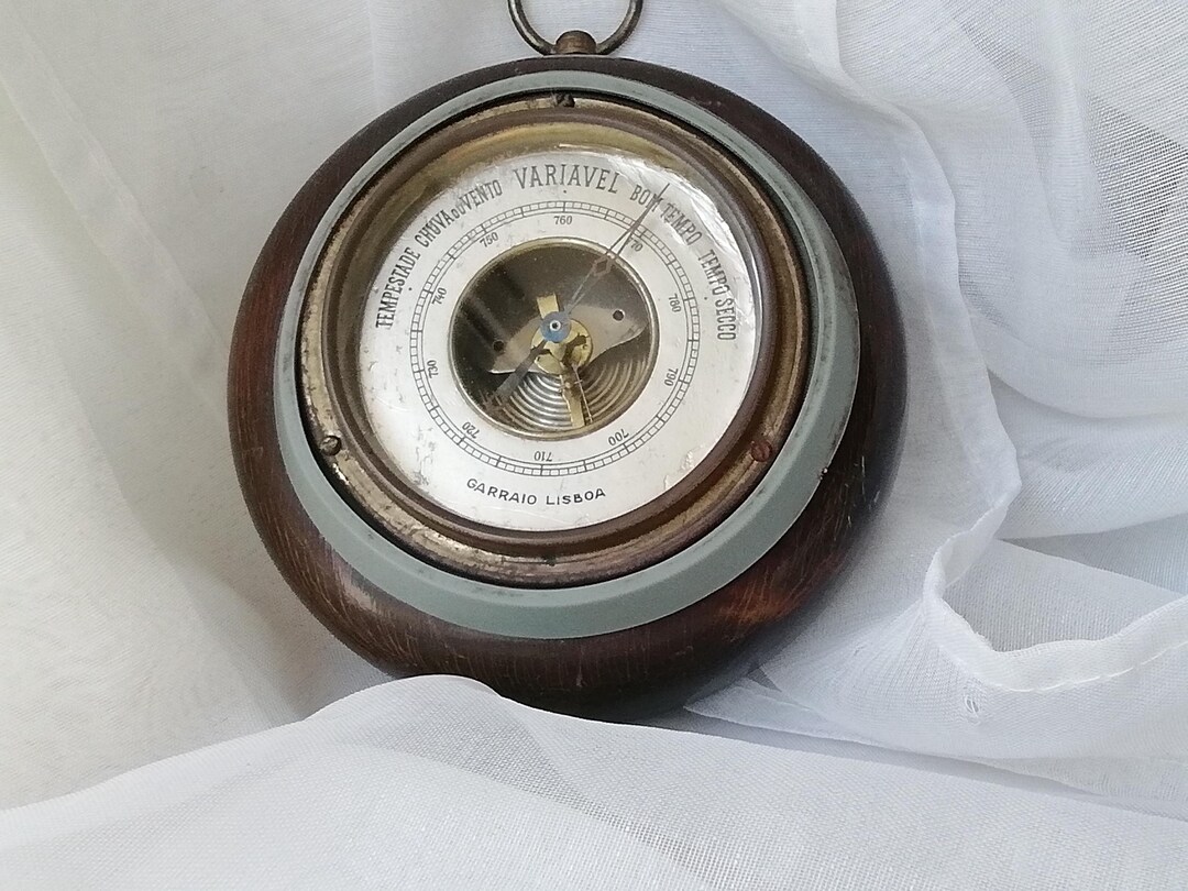 Vintage Barometer, Antique Weather Instrument, Brass and Wood Barometer ...