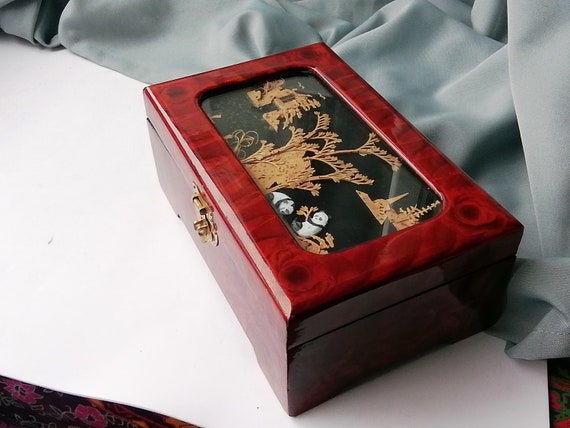 Vintage Chinese Lacquered Wood Jewelry Box with Carve… - Gem