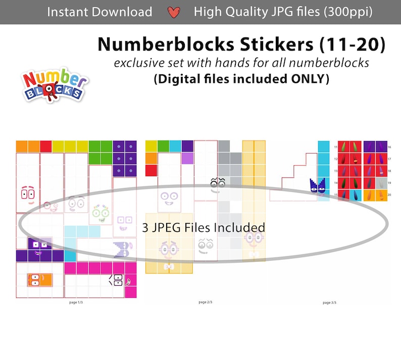 Numberblocks Faces 11-20 and Hands 1.9cm, A4 Stickers Printing, Instant ...