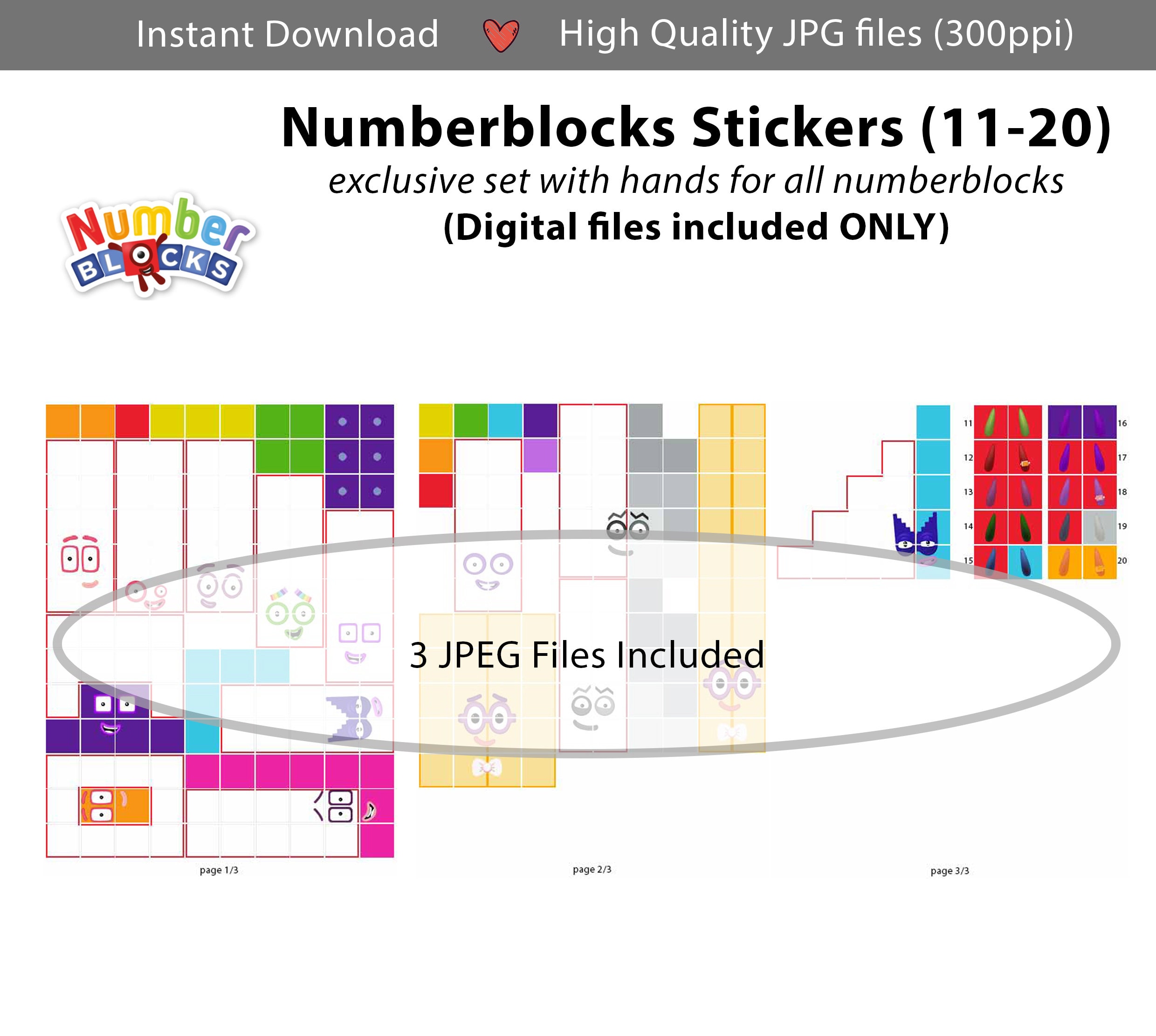 Numberblocks Faces 11-20 and Hands 1.9cm, A4 Stickers Printing, Instant ...