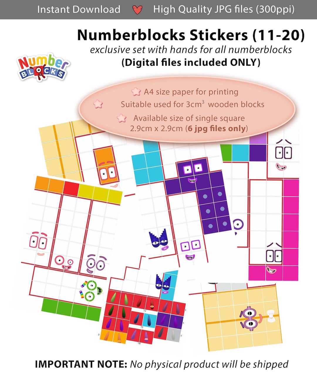 Numberblocks Faces 11-20 and Hands 2.9cm, A4 Stickers Printing, Instant ...