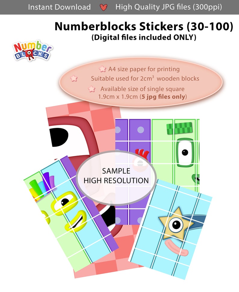 Numberblocks Faces 30-100 and Hands 1.9cm, A4 Stickers Printing ...