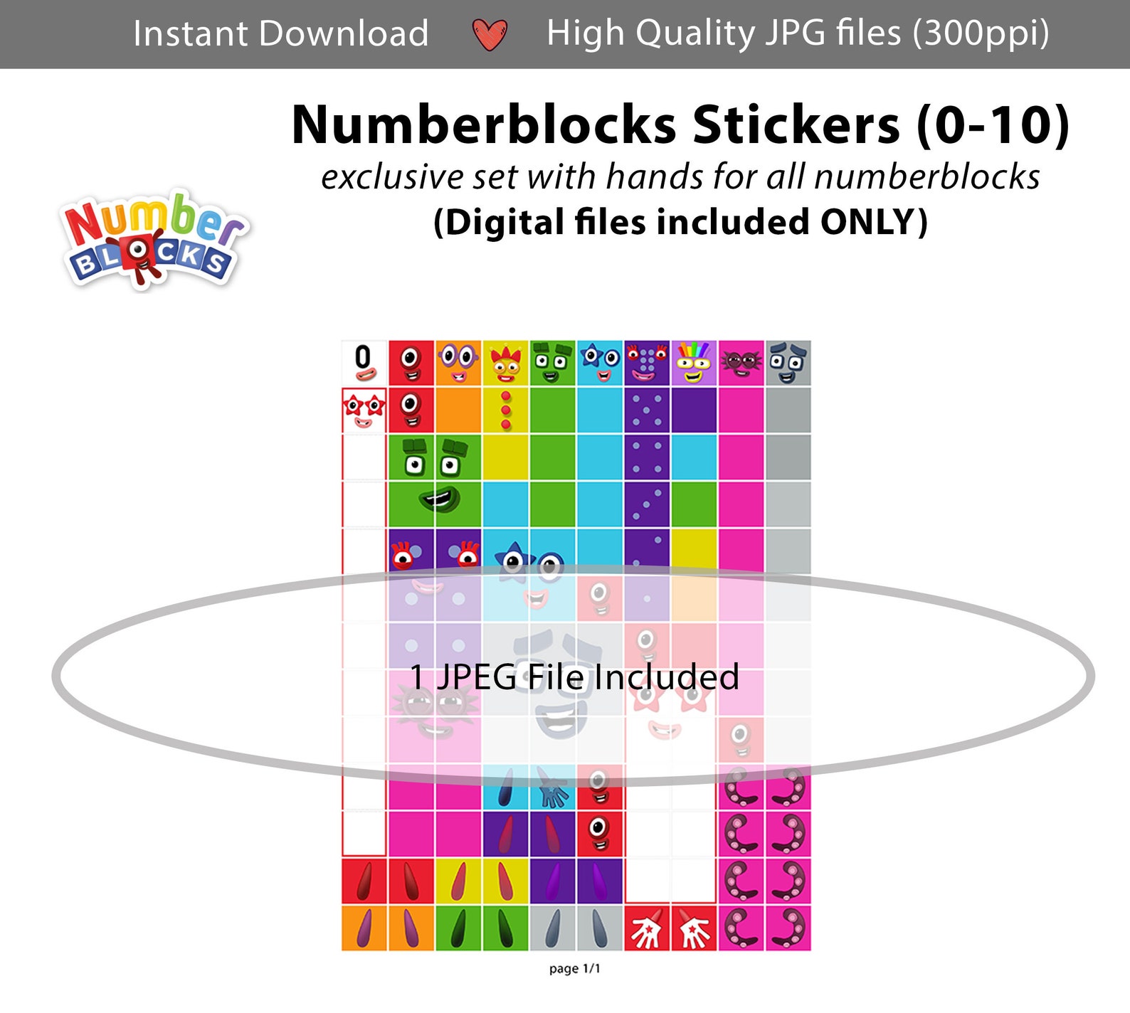 Numberblocks Faces 0-10 and Hands 1.9cm, A4 Stickers Printing, Instant ...