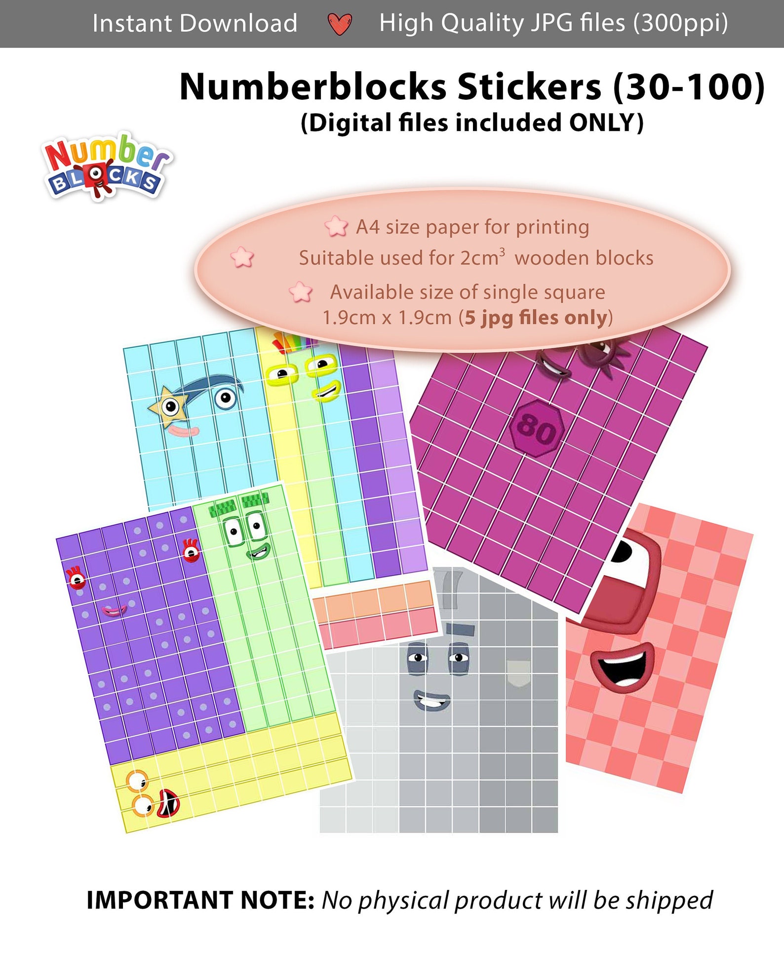 Numberblocks Faces 30-100 and Hands 1.9cm, A4 Stickers Printing ...
