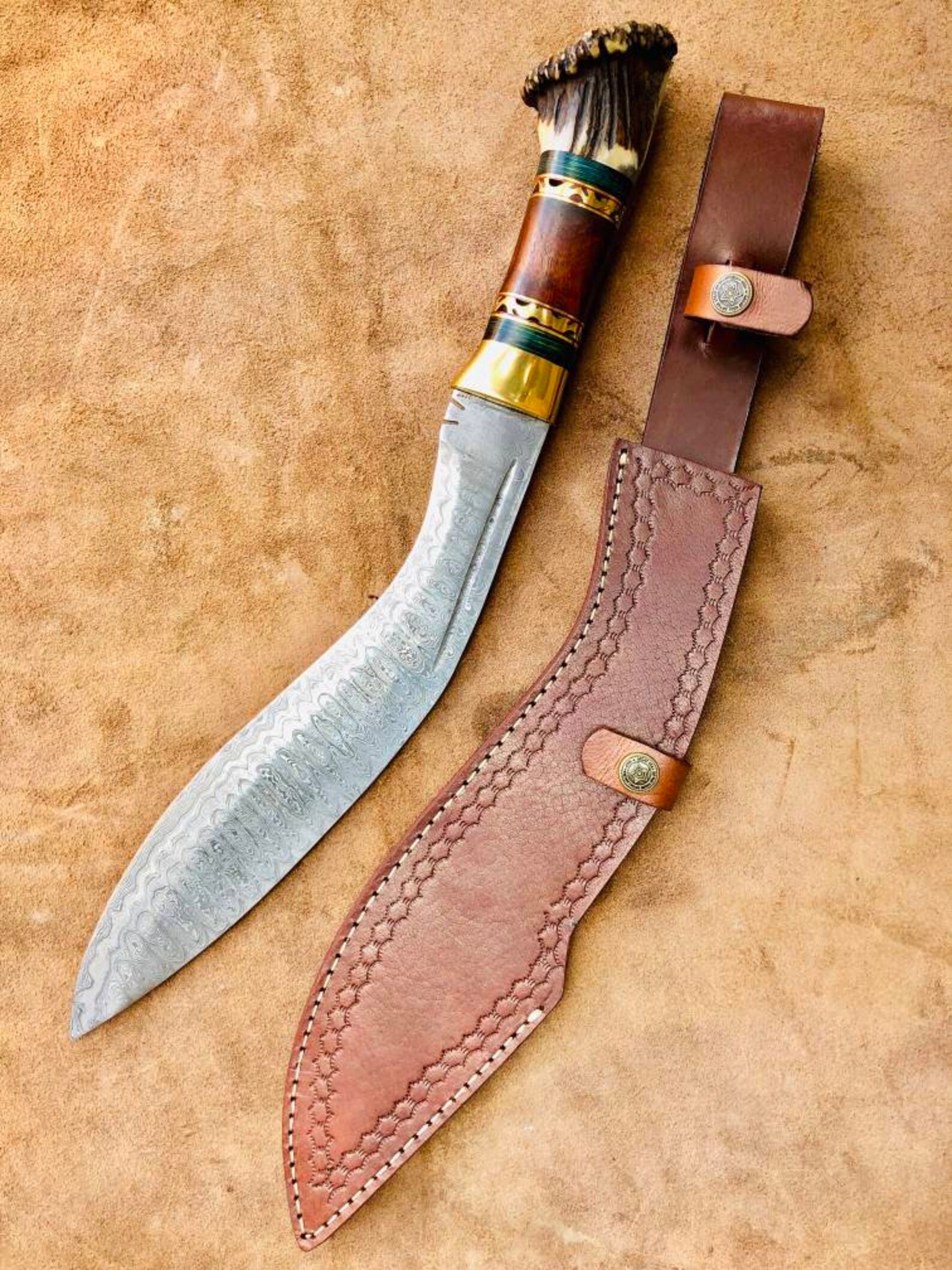 Damascus Kukri Knife Custom Handmade Damascus Steel Kukri Knife Crown ...