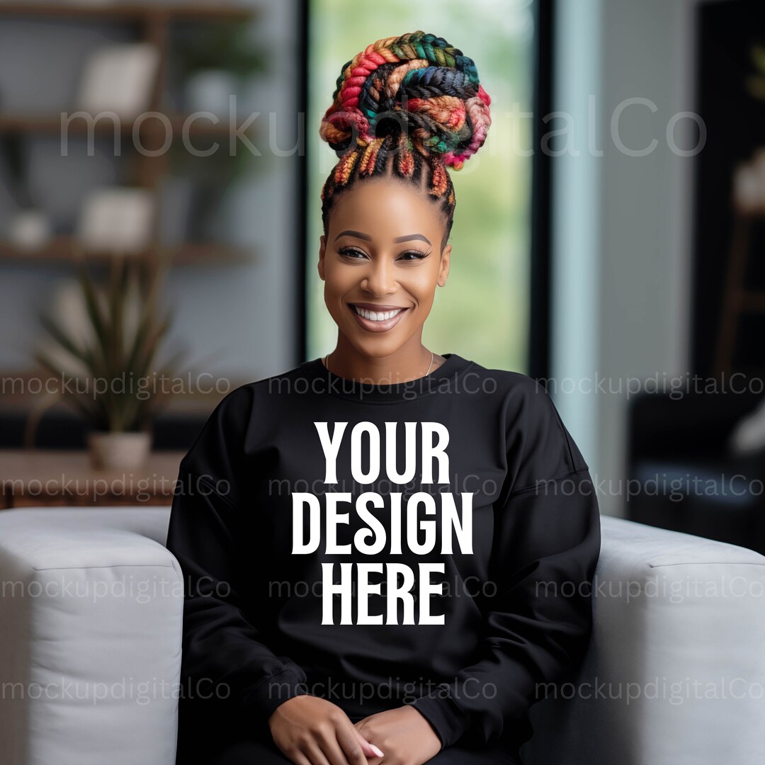 Black Model Mockup, Gildan 18000 Black Sweatshirt Mockup, Black Girl ...