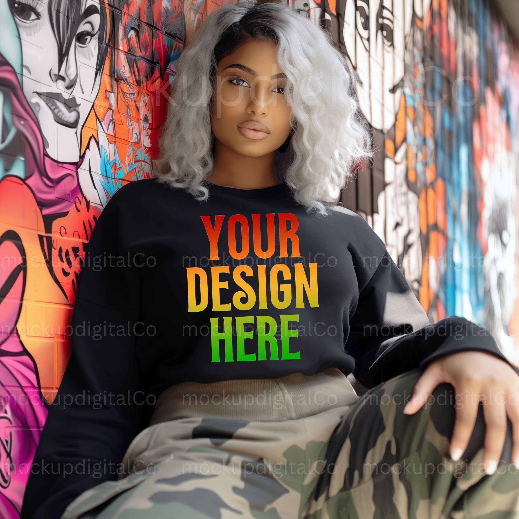 Black Woman Mockup, Black Gildan 18000 Mockup, Sweatshirt Mockup ...