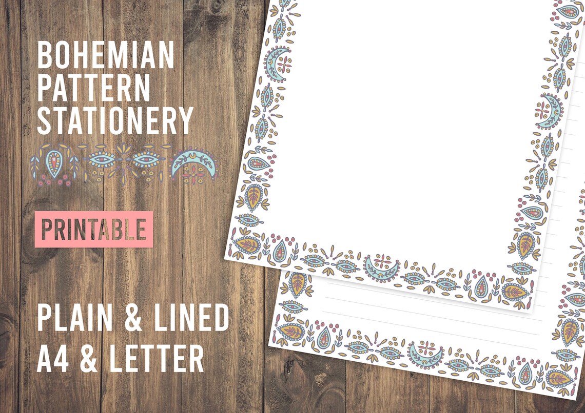 Boho Pattern Border 2 color options Printable Stationery A4 | Etsy
